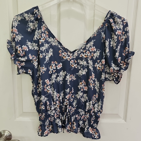 Sienna Sky | Tops | Sienna Sky Navy Floral Boho Peasant Peplum Smocked Bodice Blouse Size Med ...